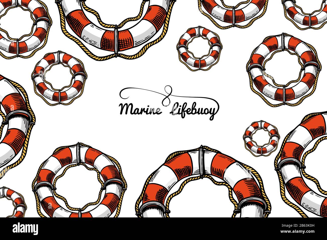 Marine lifebuoy. Nautical Poster. Sea banner or background. Hand drawn ...