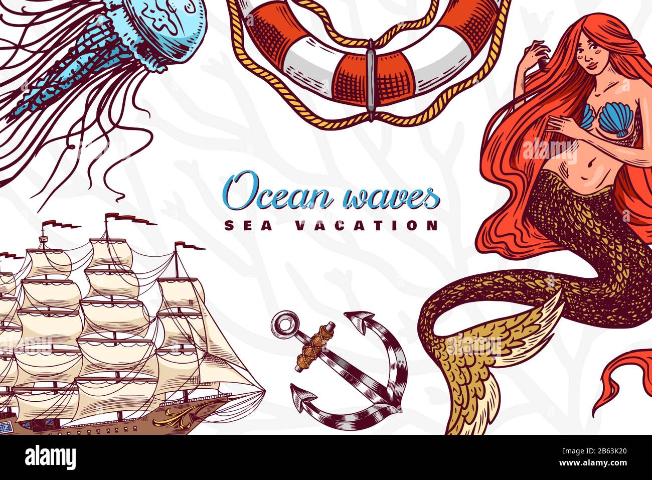 Nautical Poster. Sea banner or background. Lighthouse, mermaid and ...