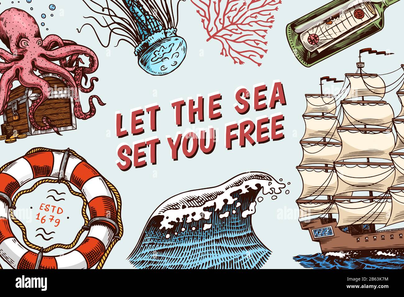 Sea Poster. Nautical banner or background. Lighthouse, mermaid and ...