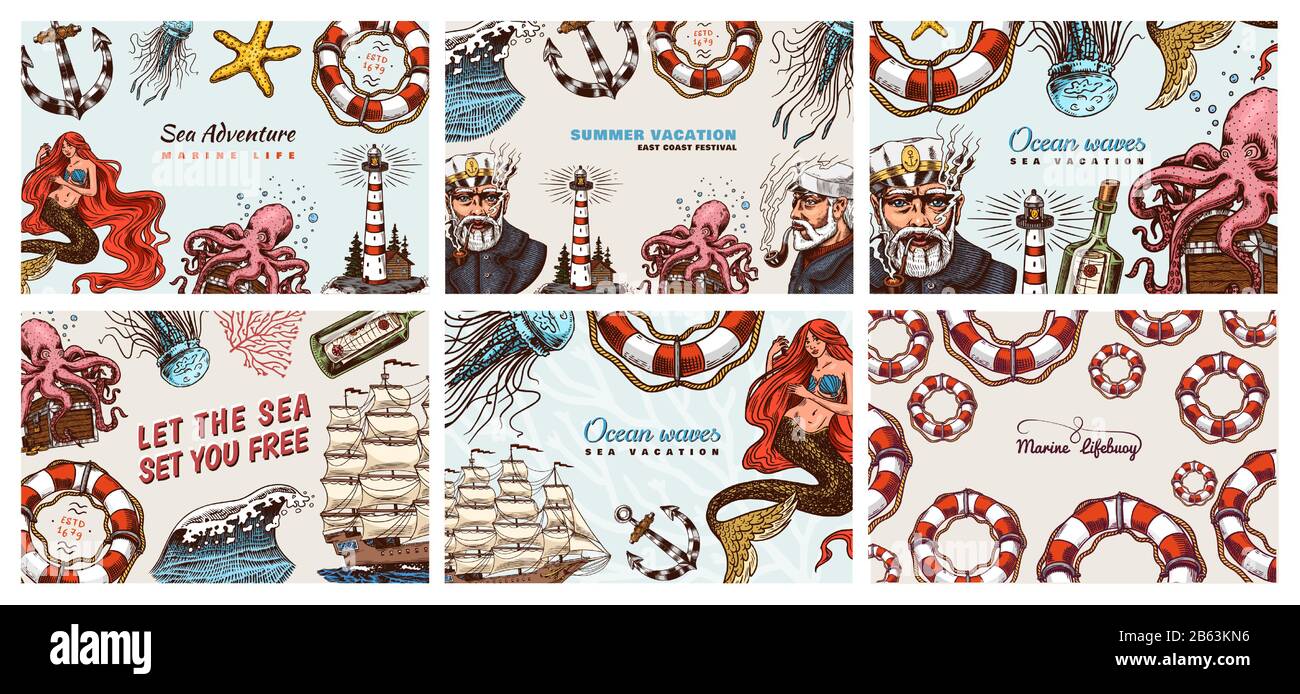 Nautical Posters set. Sea banners or backgrounds. Lighthouse, mermaid ...