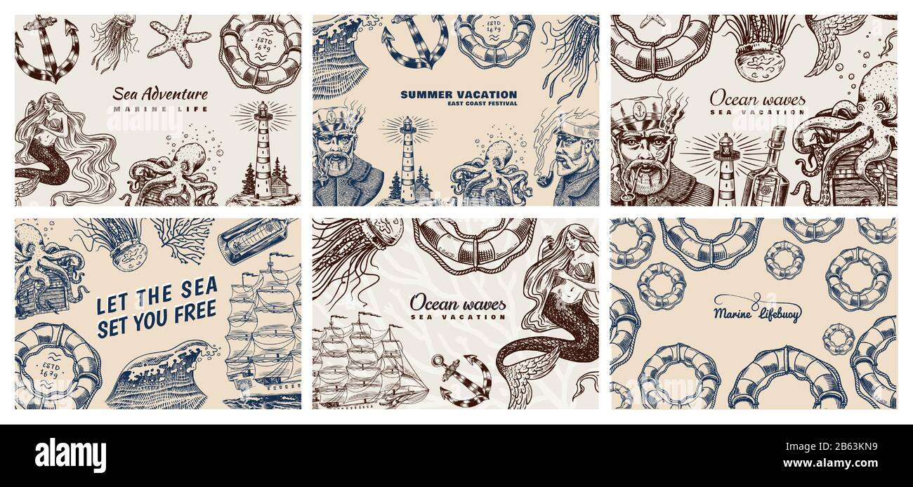 Sea Posters set. Nautical banners or backgrounds. Lighthouse, mermaid ...