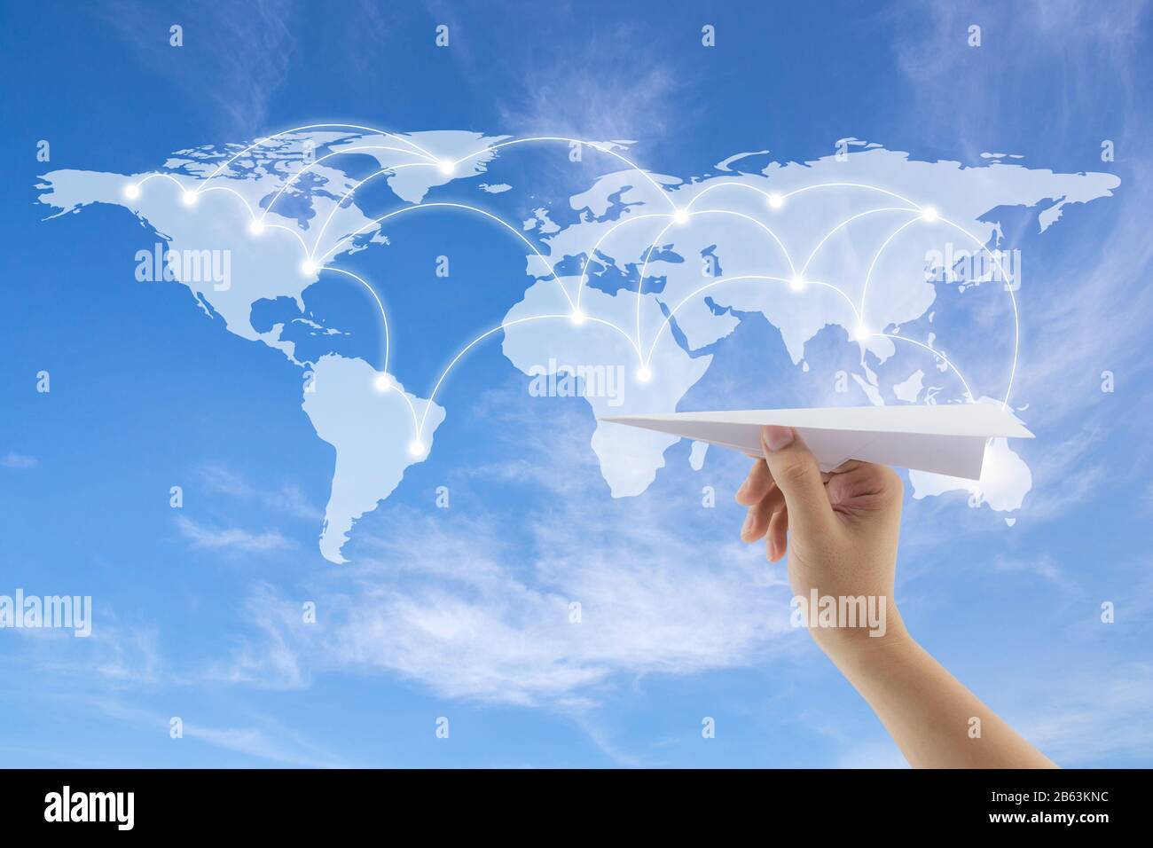 plane in hand with world map on background, Map of flight routes ...