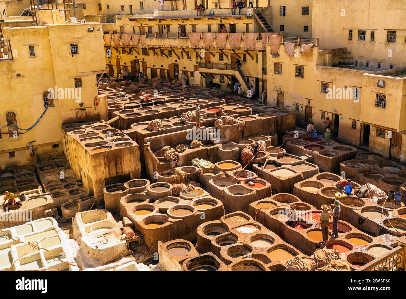 Panoramic view of tanneries of Fes, colour paint for leather, Morocco ...