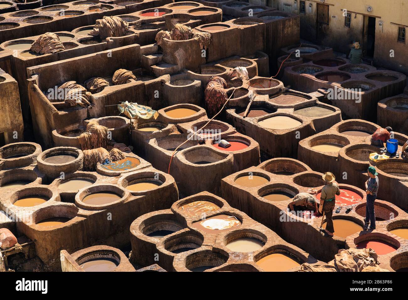 Aerial view of tanneries of Fes, colour paint for leather, Morocco ...