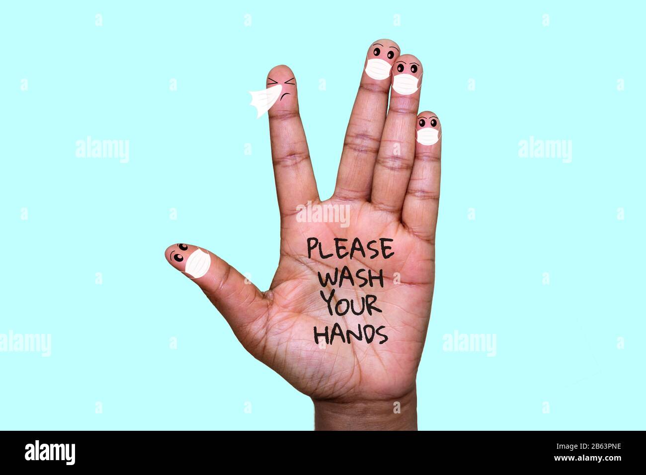 A hand with finger faces wearing face masks with one finger sneezing ...