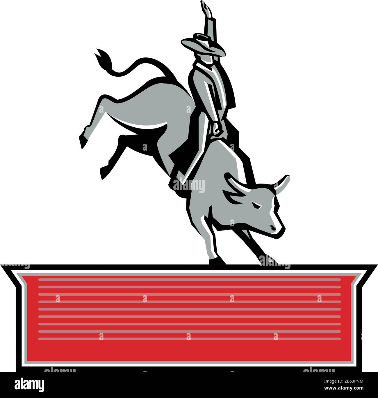 Retro style illustration of rodeo cowboy bull rider riding a bull with ...