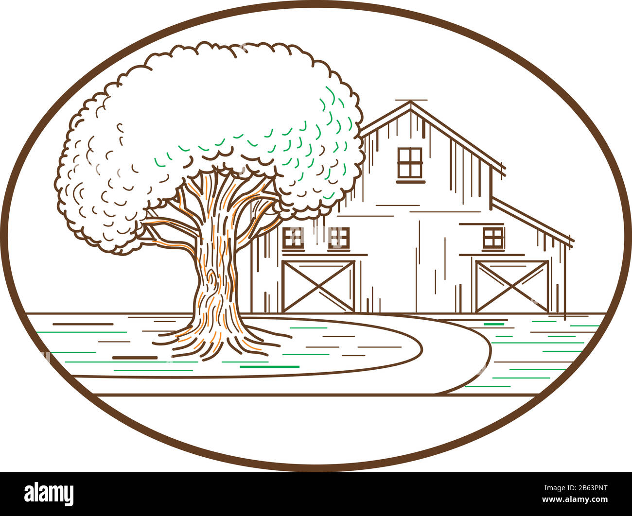 Mono line illustration of an American farm barn house with oak tree in ...