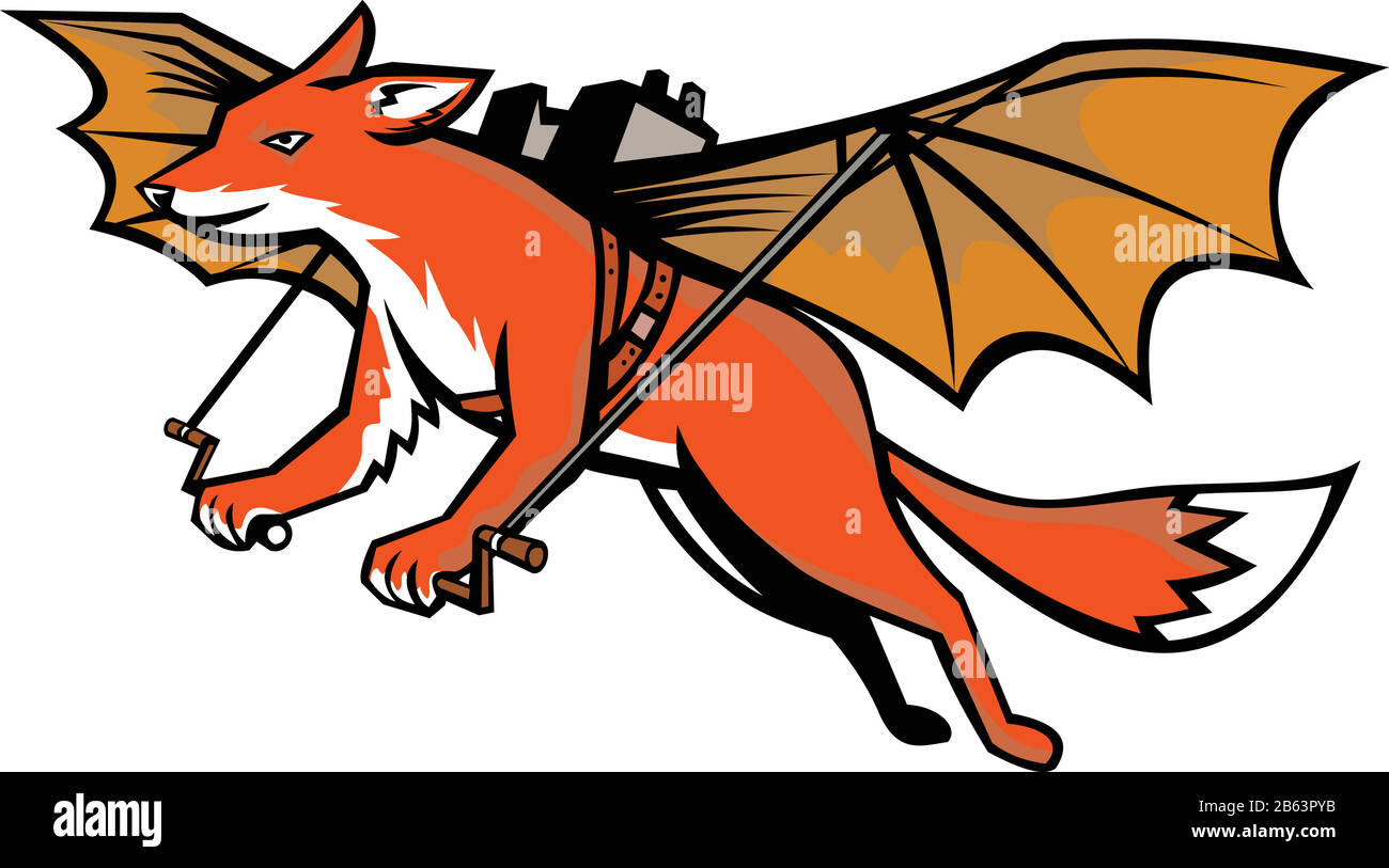 Mascot icon illustration of a flying fox strapped with mechanical wings ...