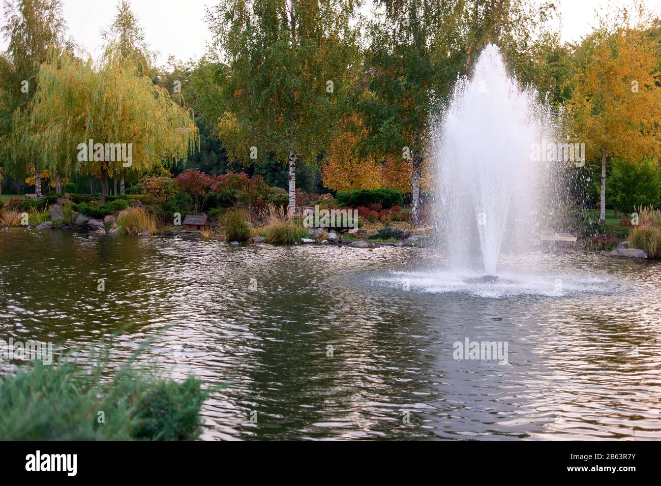 Fountain in a park pond Stock Photo - Alamy