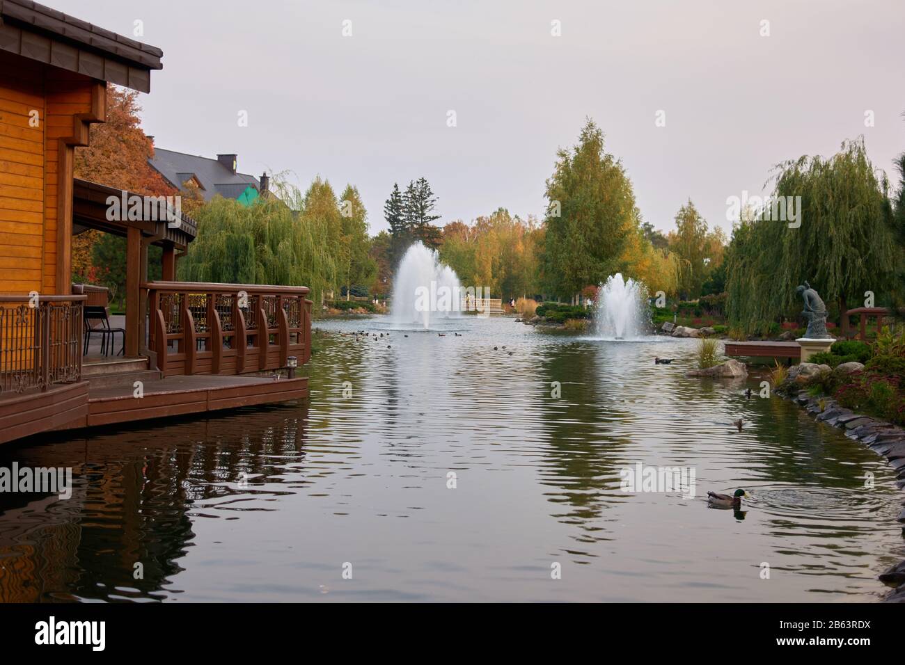Park pond with fountains and ducks Stock Photo - Alamy