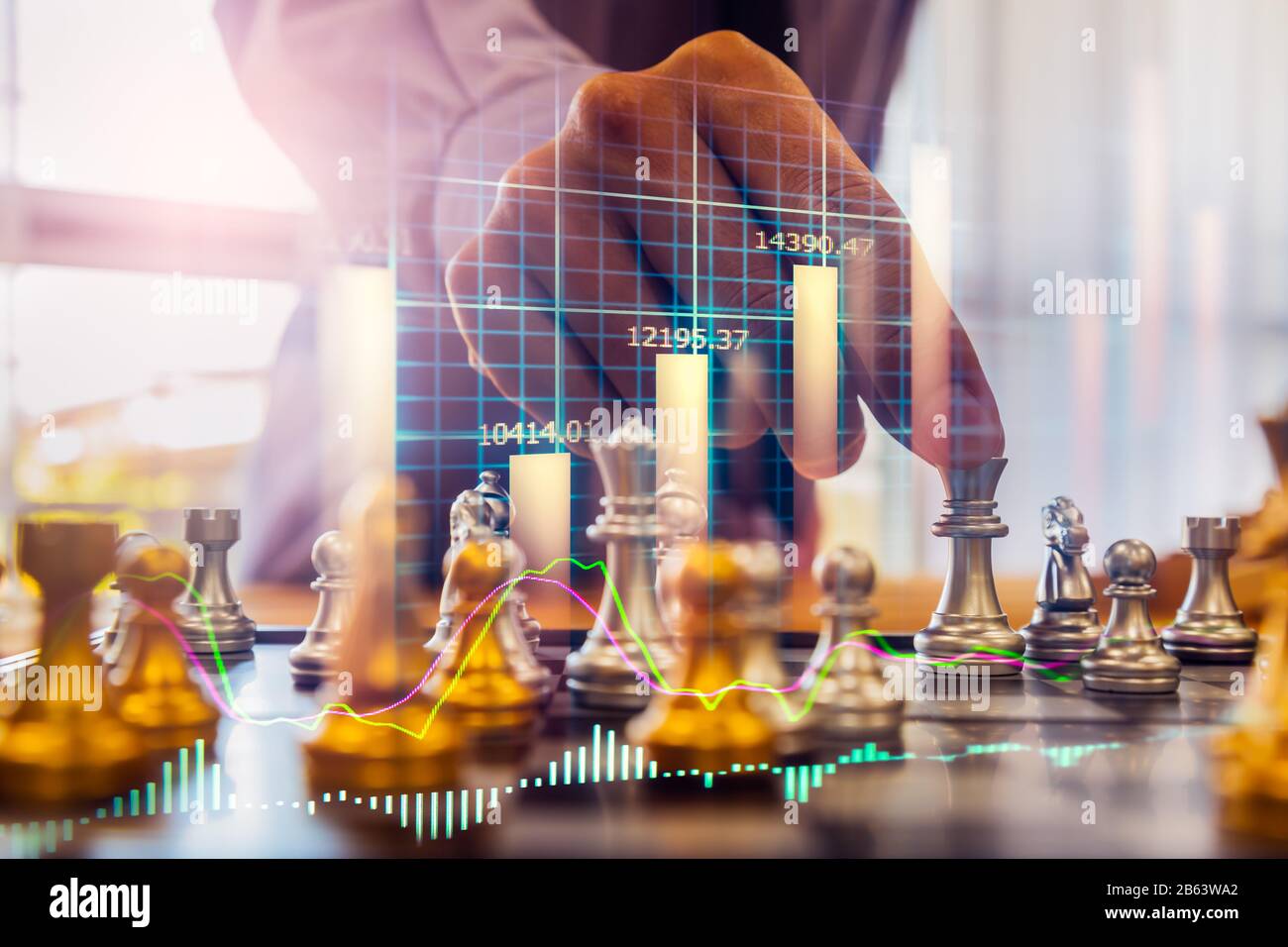 Chess game on chess board on stock market or forex trading graph chart ...
