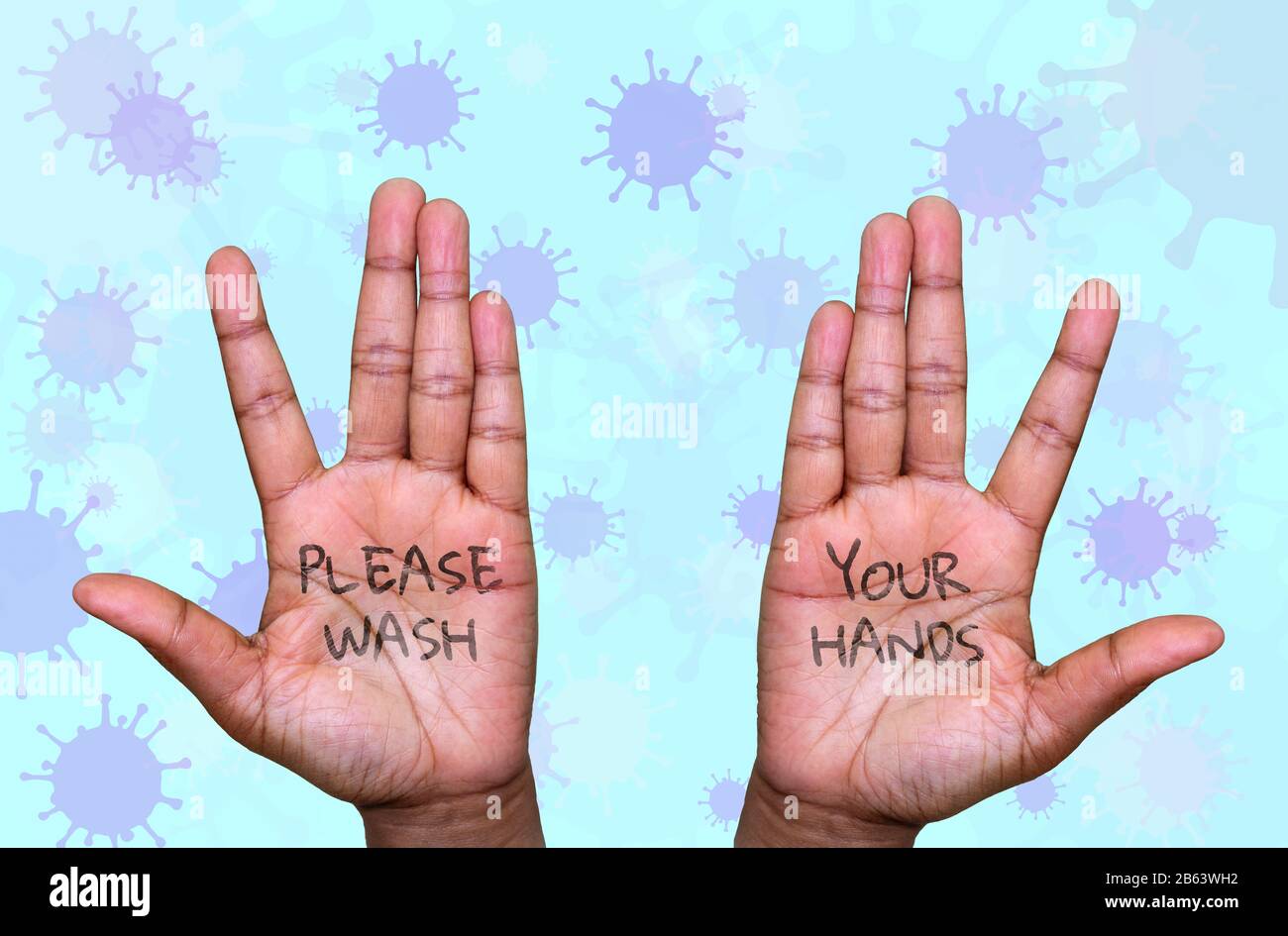 two hands with please wash your hands text with virus background ...