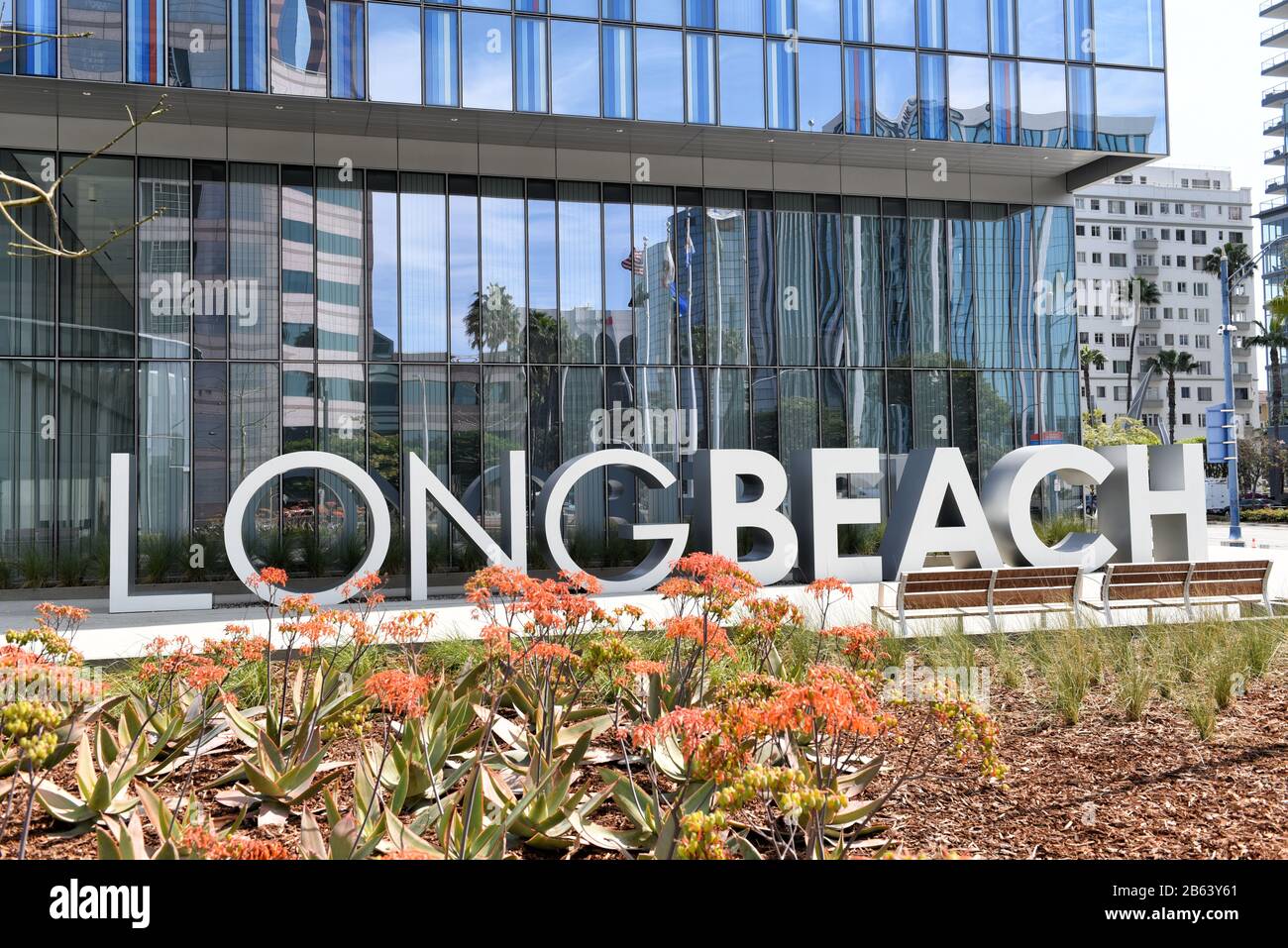 LONG BEACH, CALIFORNIA - 06 MAR 2020: Long Beach sign at the Civic ...
