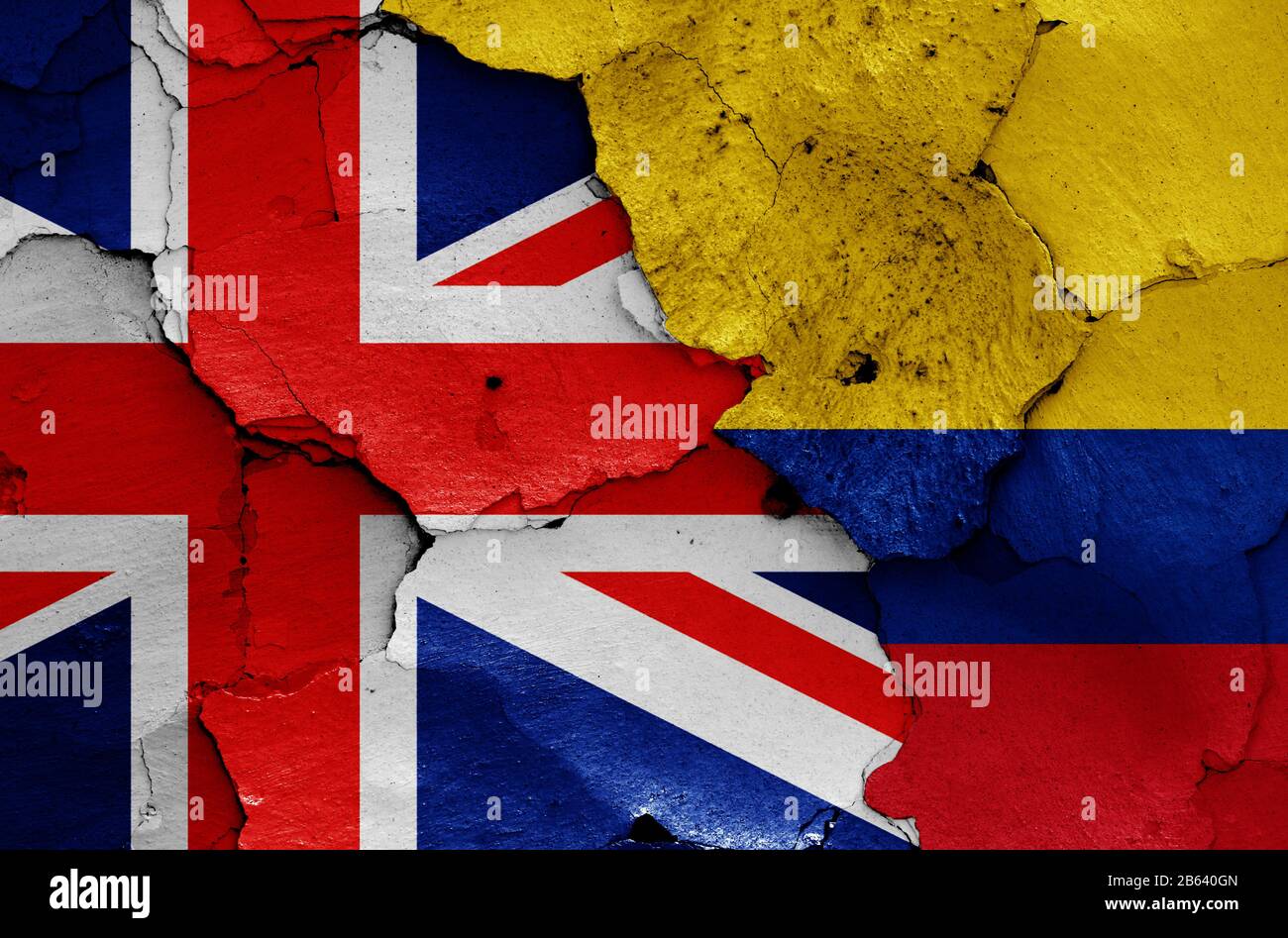 flags of UK and Colombia painted on cracked wall Stock Photo - Alamy