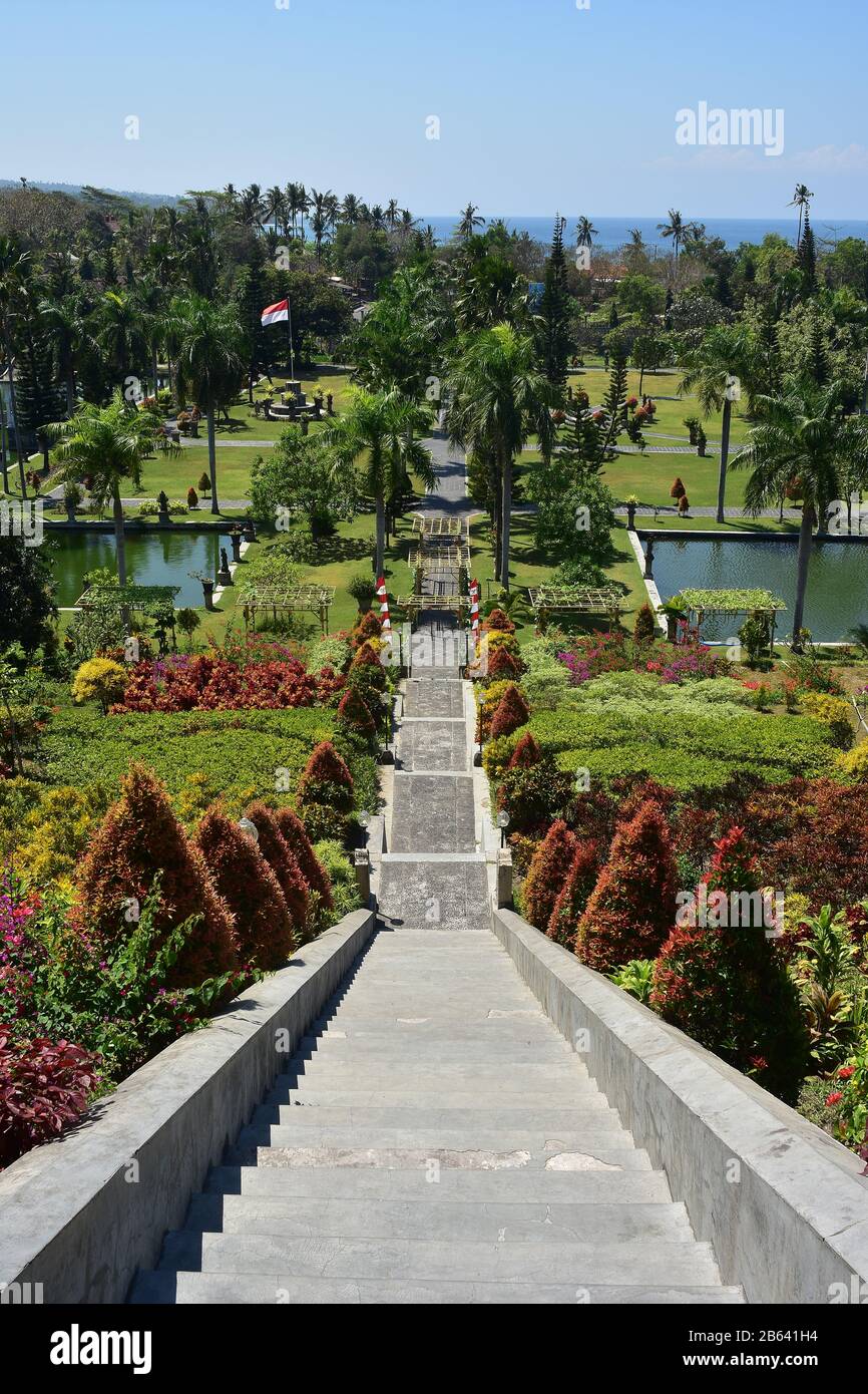 Vertical view of parks of Ujung Water Palace in Bali from top of steep ...
