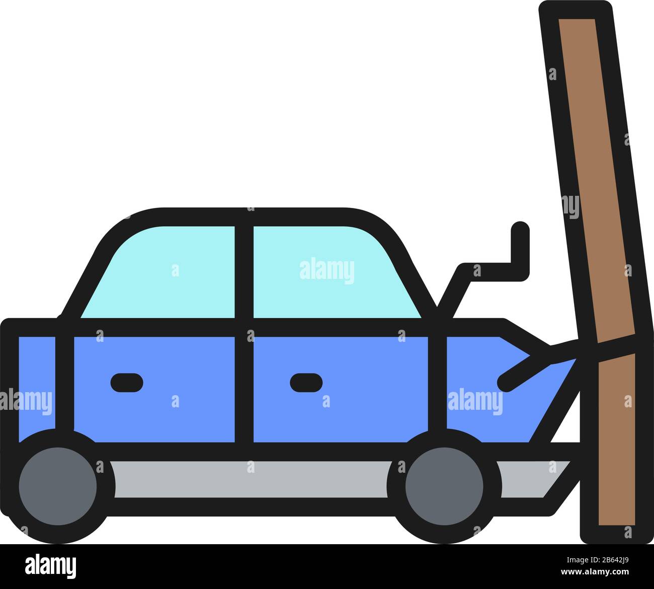 Car hit into a pole, transportation crash, accident flat color line ...