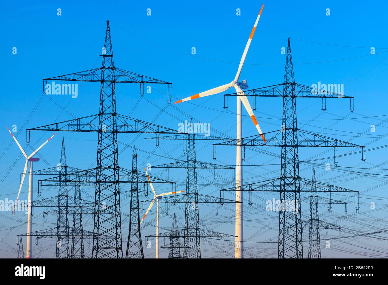 Photomontage, power lines, overhead lines, high voltage pylons, wind ...