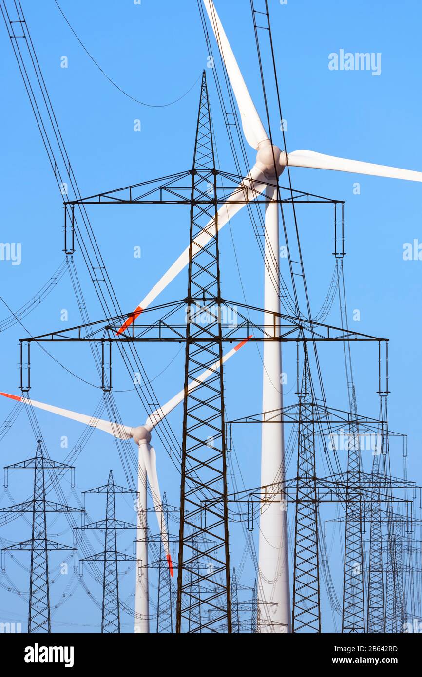 Photomontage, power lines, overhead lines, high voltage pylons, wind ...