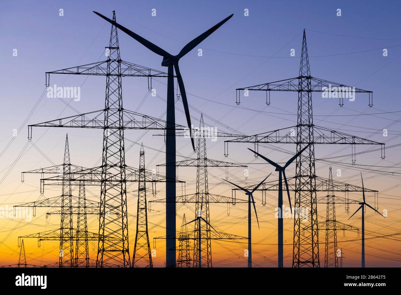 Photomontage, power lines, overhead lines, high voltage pylons, wind ...