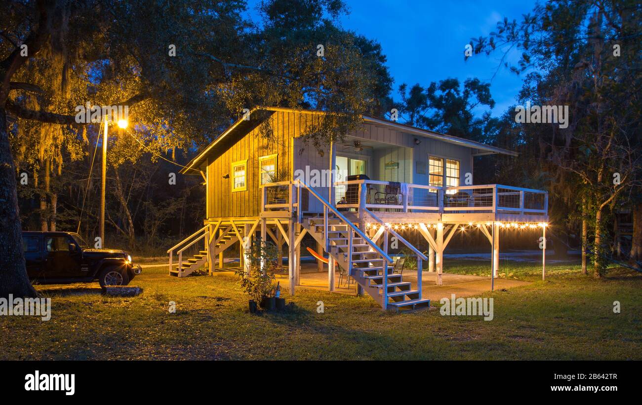 Wooden house on stilts in the evening, Hortense, Georgia, USA Stock ...