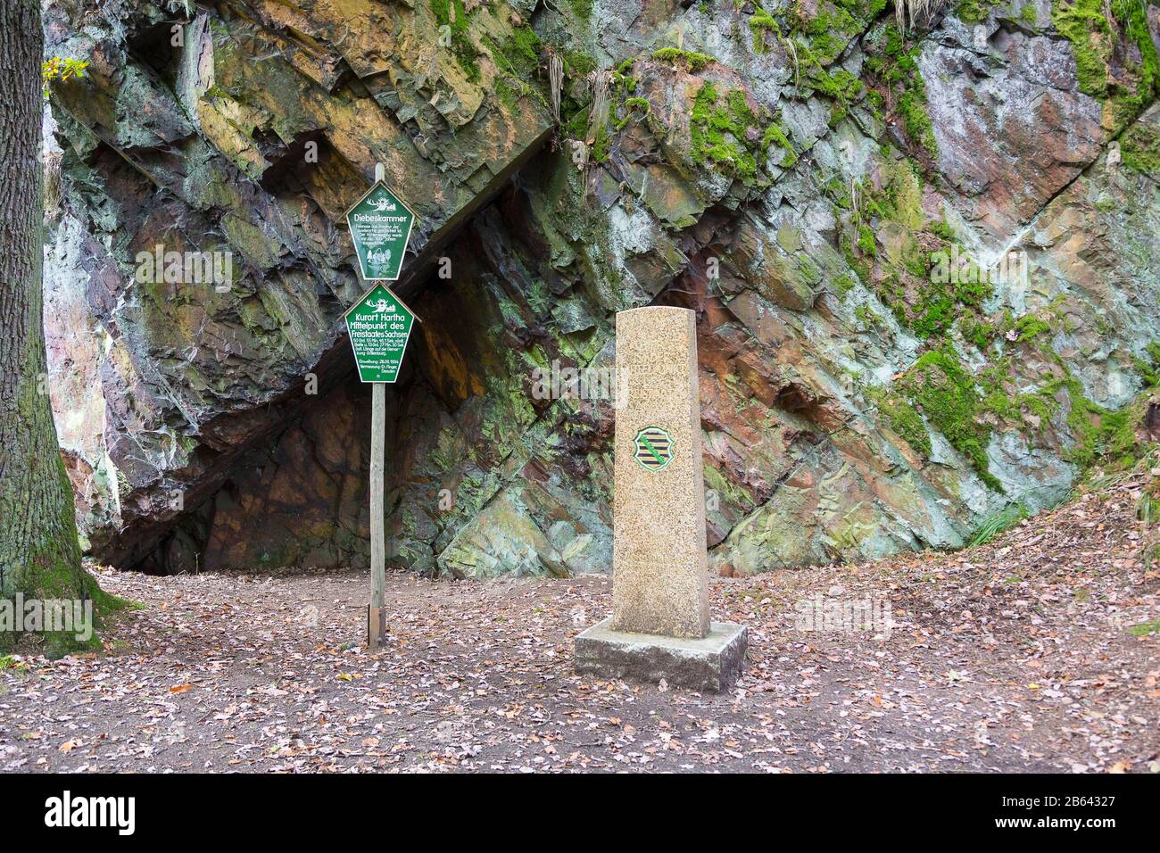Stele and shield at the centre of Saxony, Hartha health resort ...