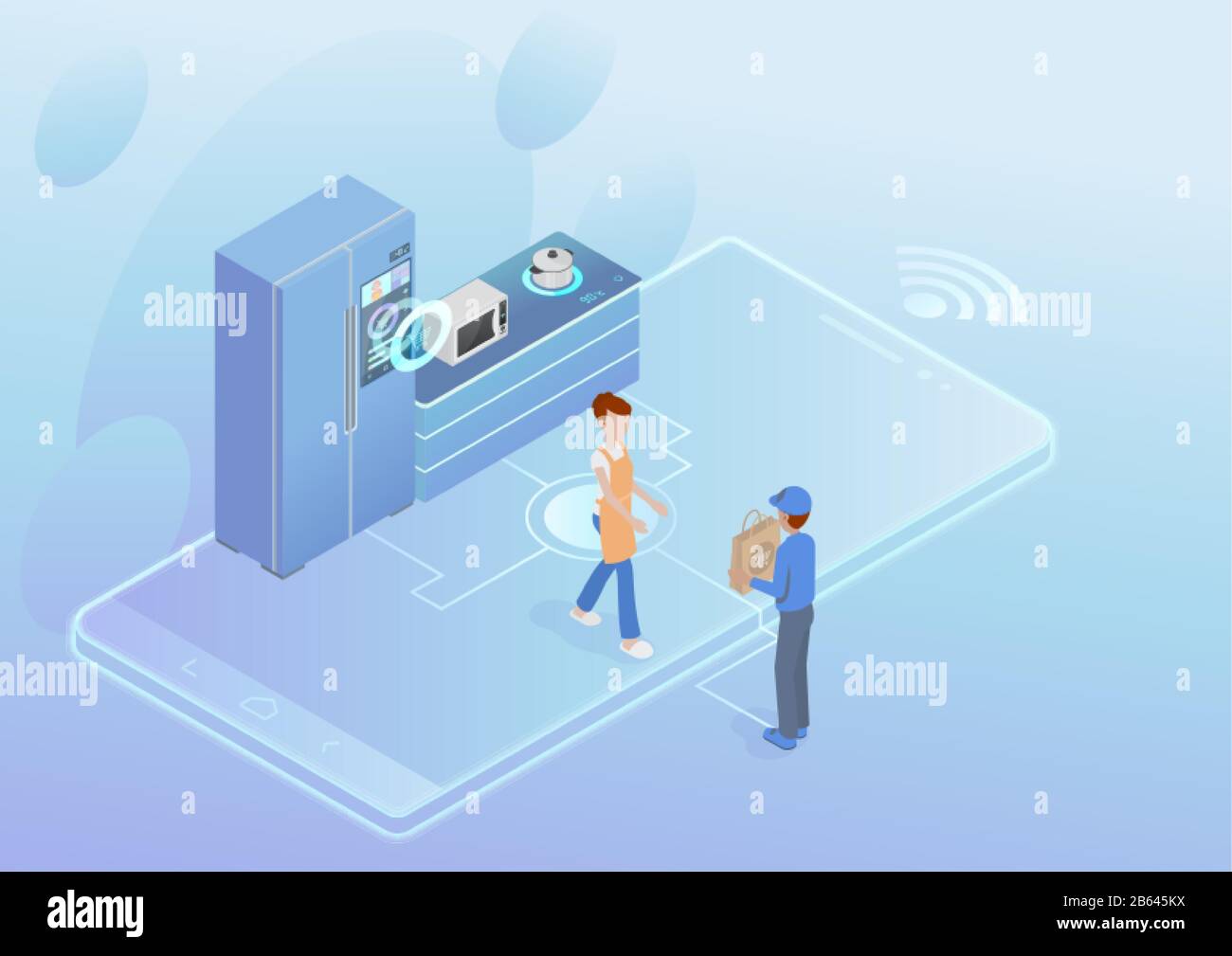 Young woman control modern kitchen appliances with smartphone, online ...