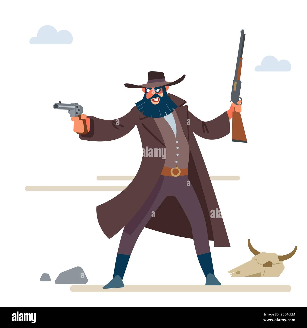 The character is a cruel bandit with a dark beard in a long raincoat ...