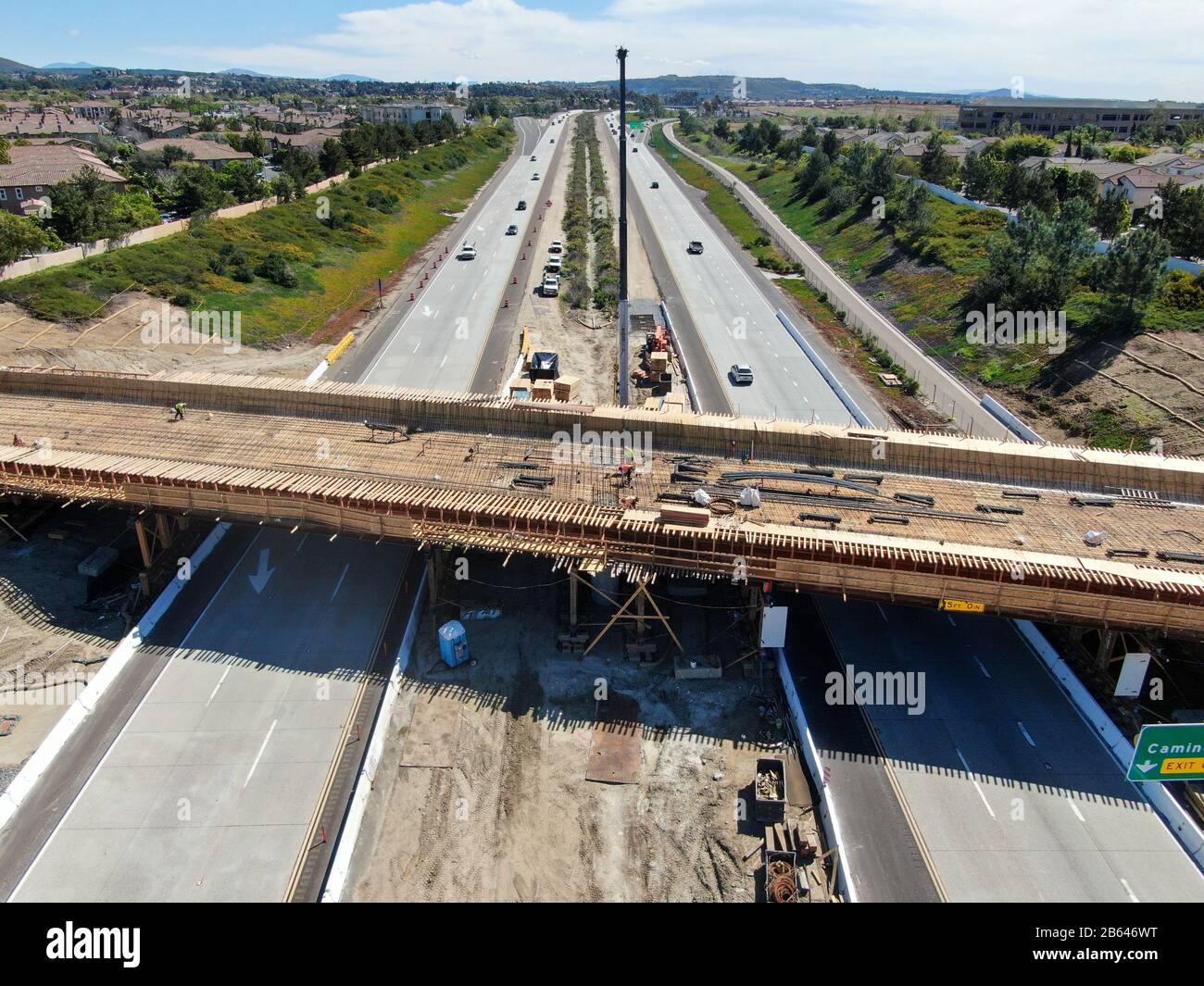 Aerial view of bridge construction crossing the highway, California ...