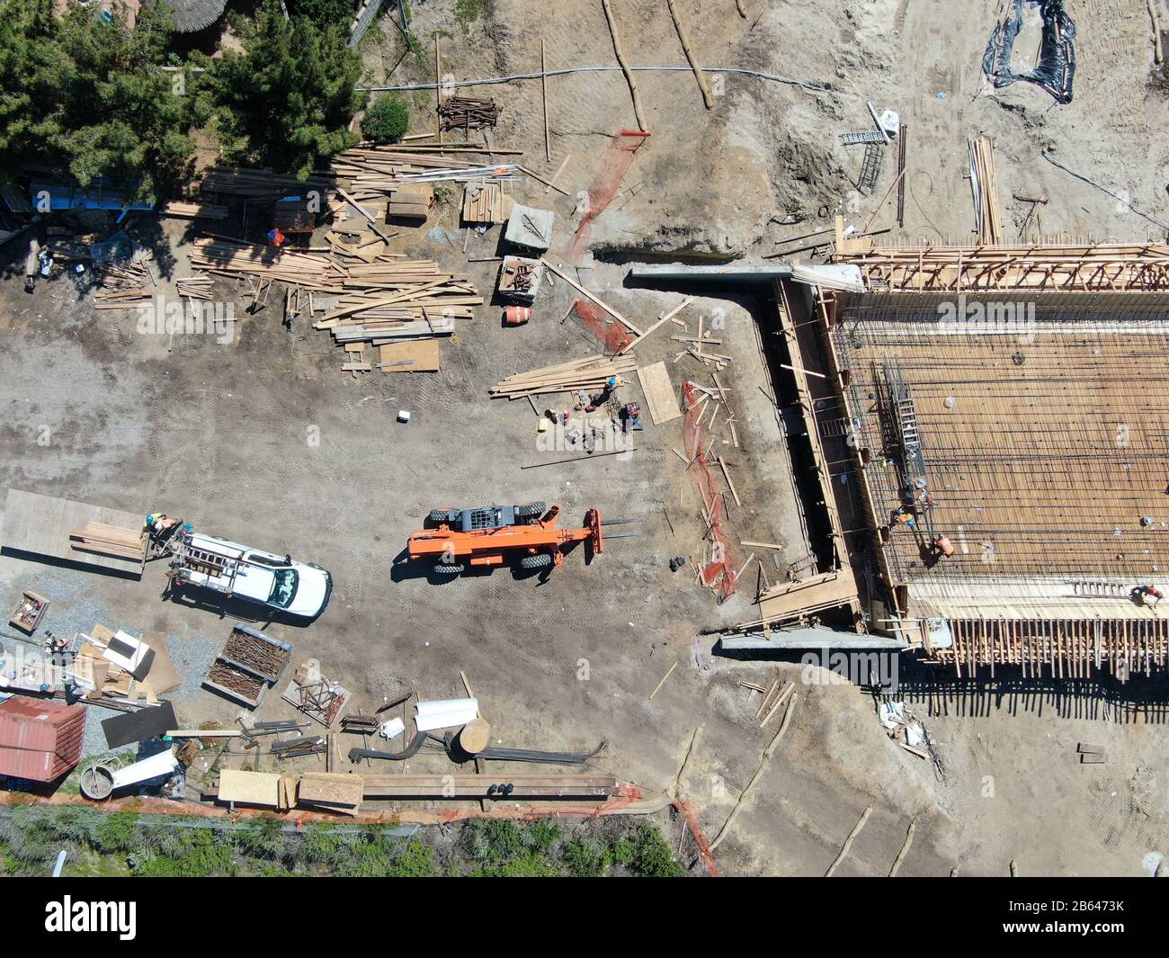 Aerial view of bridge construction crossing the highway, California ...
