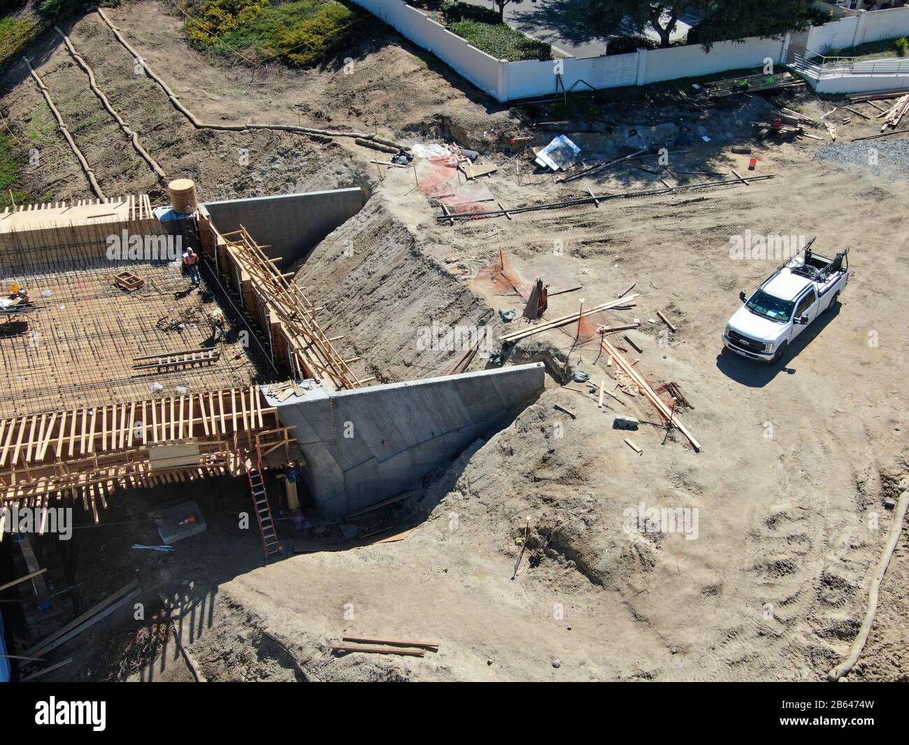 Aerial view of bridge construction crossing the highway, California ...