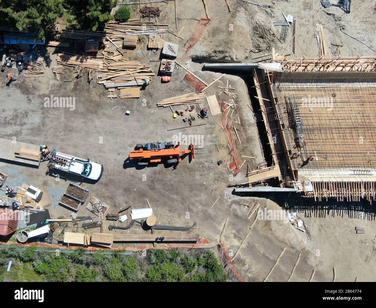 Aerial view of bridge construction crossing the highway, California ...