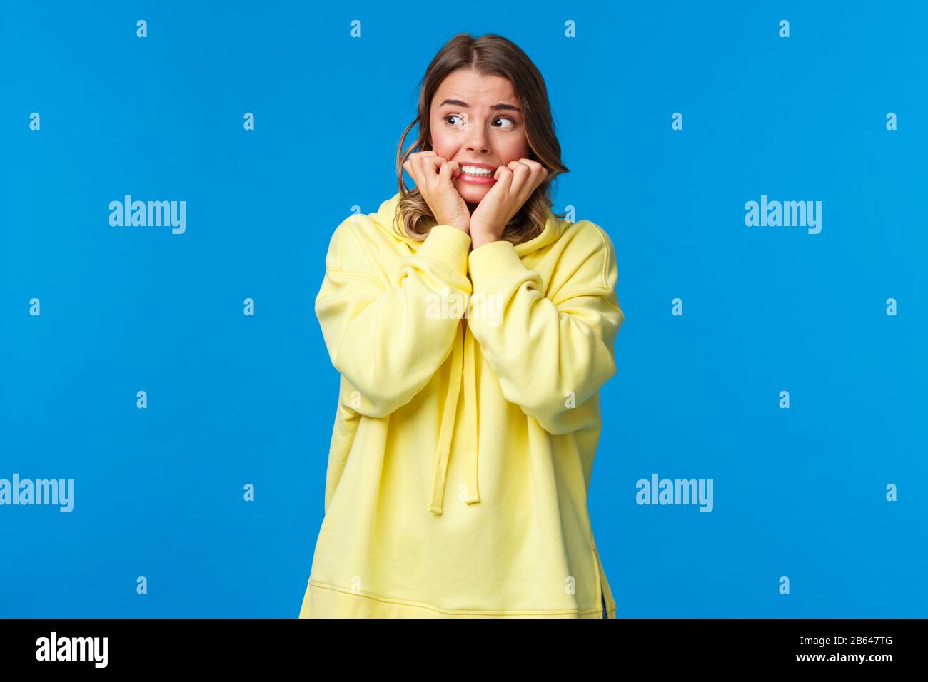 Scared timid, insecure european female feeling panic and afraid staying ...