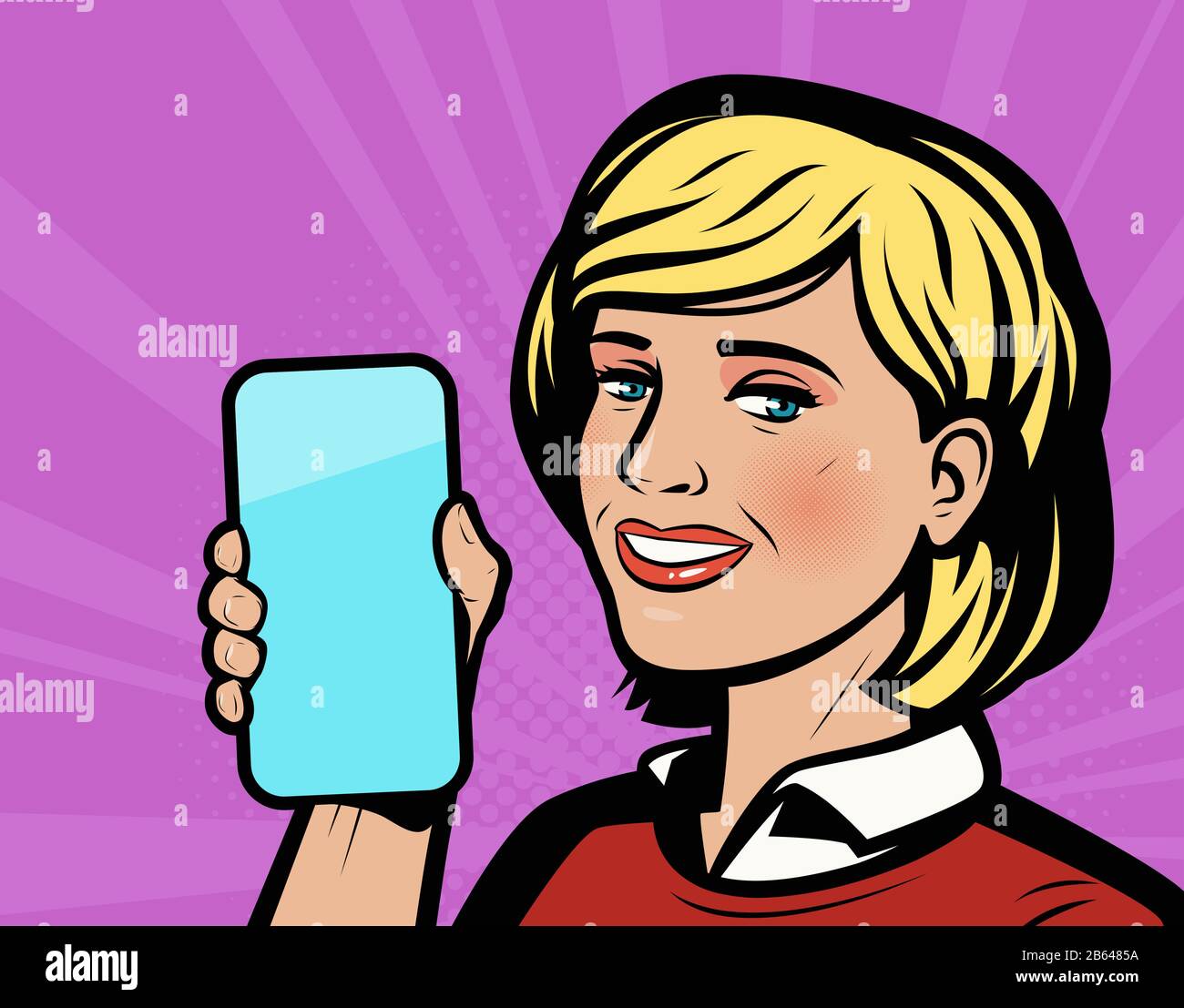 Beautiful young woman with smartphone in hand. Retro comic pop art ...