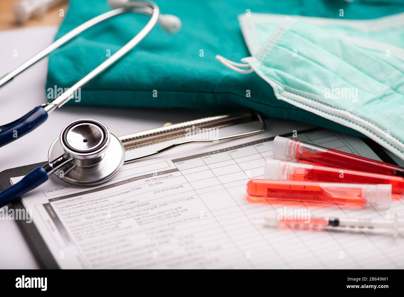 Blood analysis report with lavender color blood sample collection tubes ...