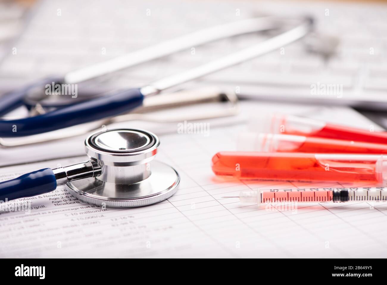 Blood analysis report with lavender color blood sample collection tubes ...