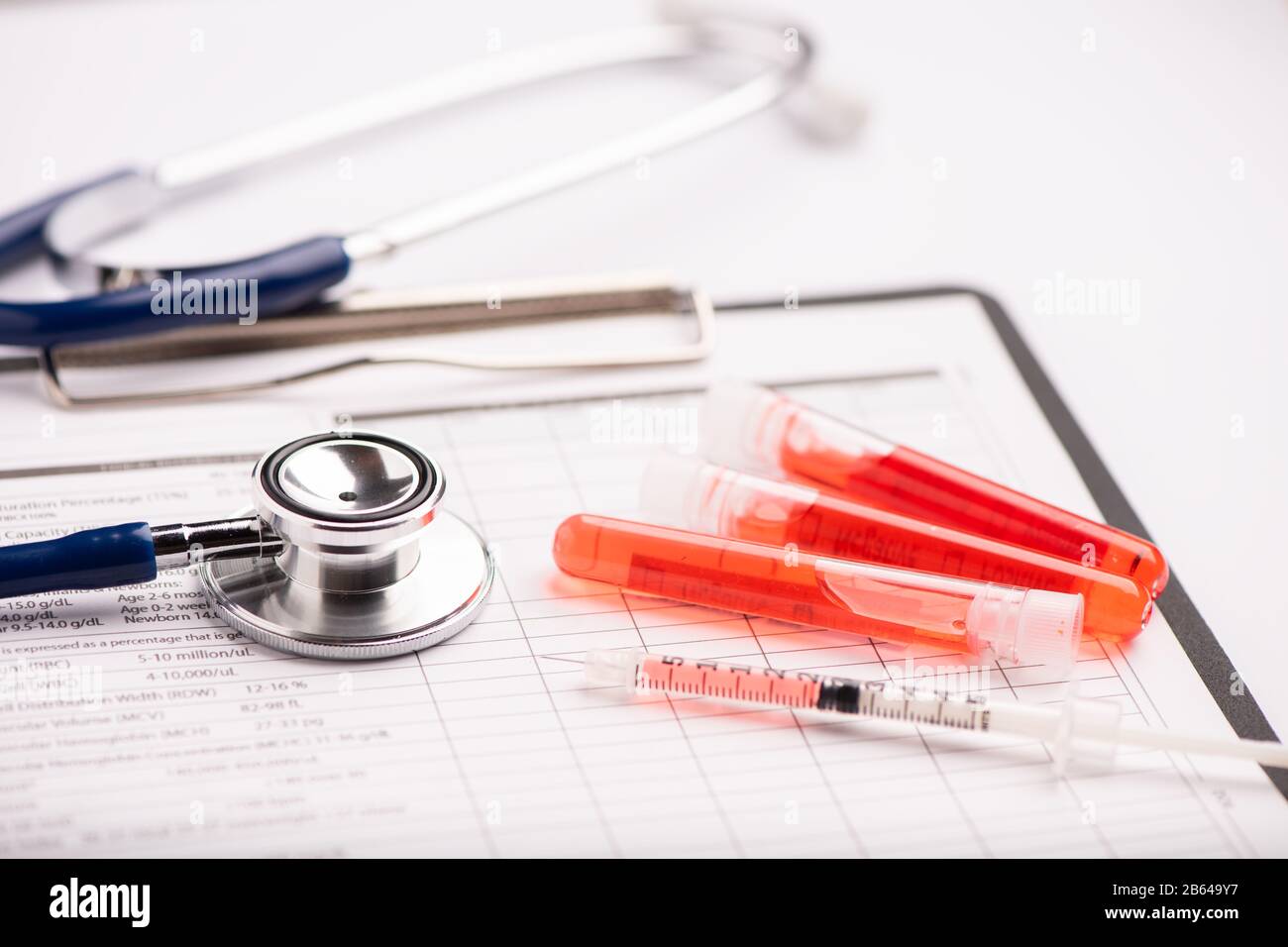 Blood analysis report with lavender color blood sample collection tubes ...