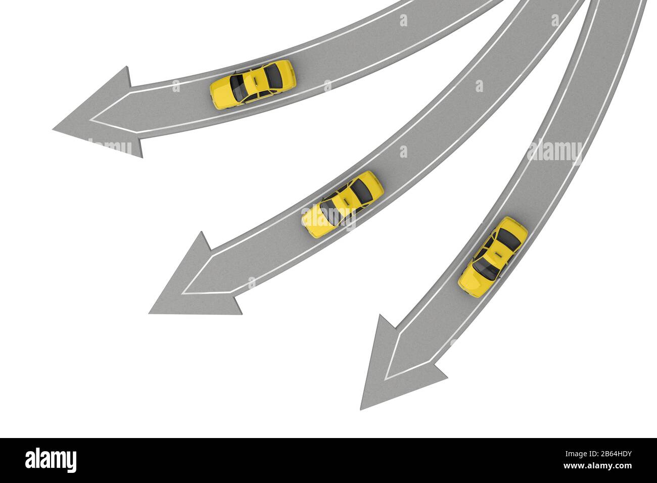 three taxi car go in different directions isolated on white above view ...