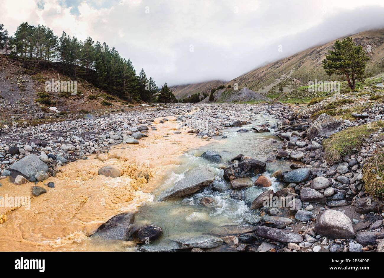 Merging of two different color mountain rivers Stock Photo - Alamy