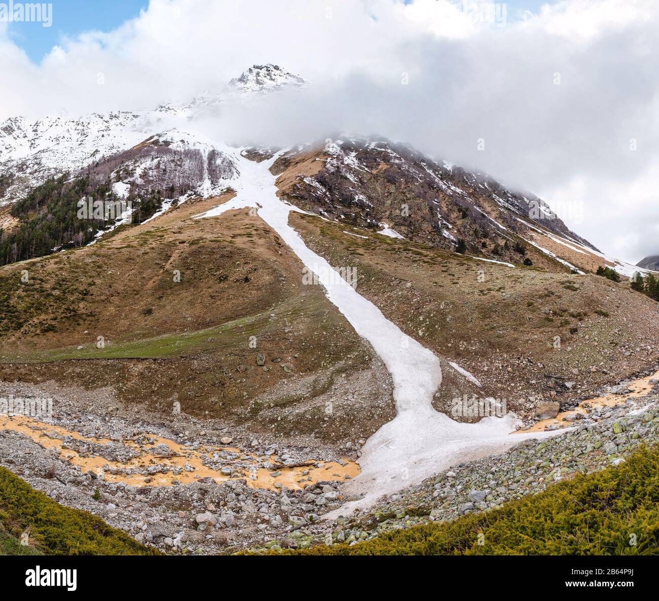 Landscape with a trace of recent avalanches in the mountains of the ...
