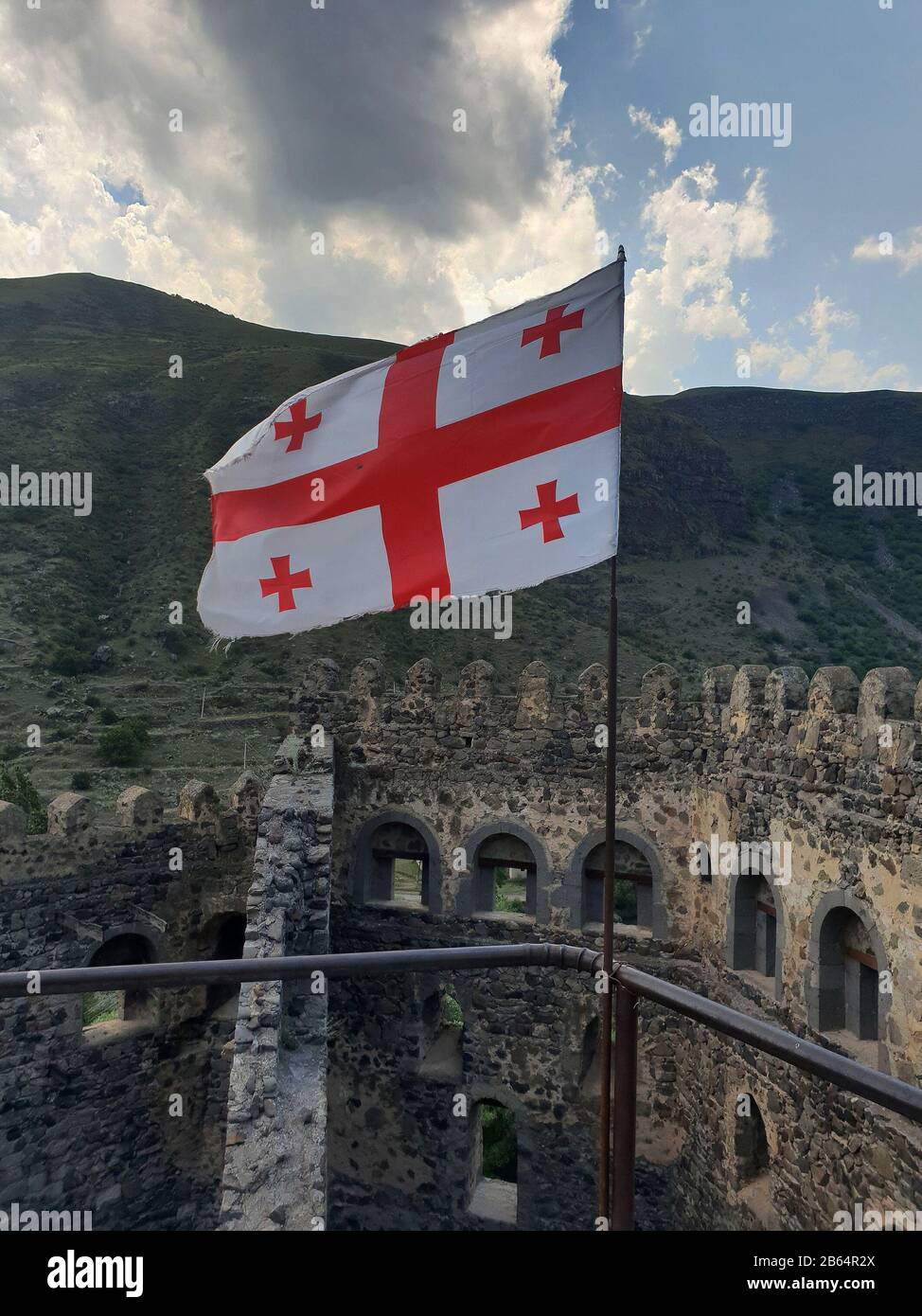 The flag of Georgia on display at the Khertvisi fortress, Meskheti ...