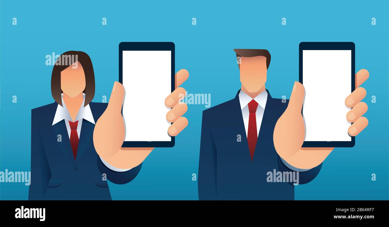 man and woman holding out hand to show blank smartphone screen isolated ... man and woman holding out hand to show blank smartphone screen isolated ...