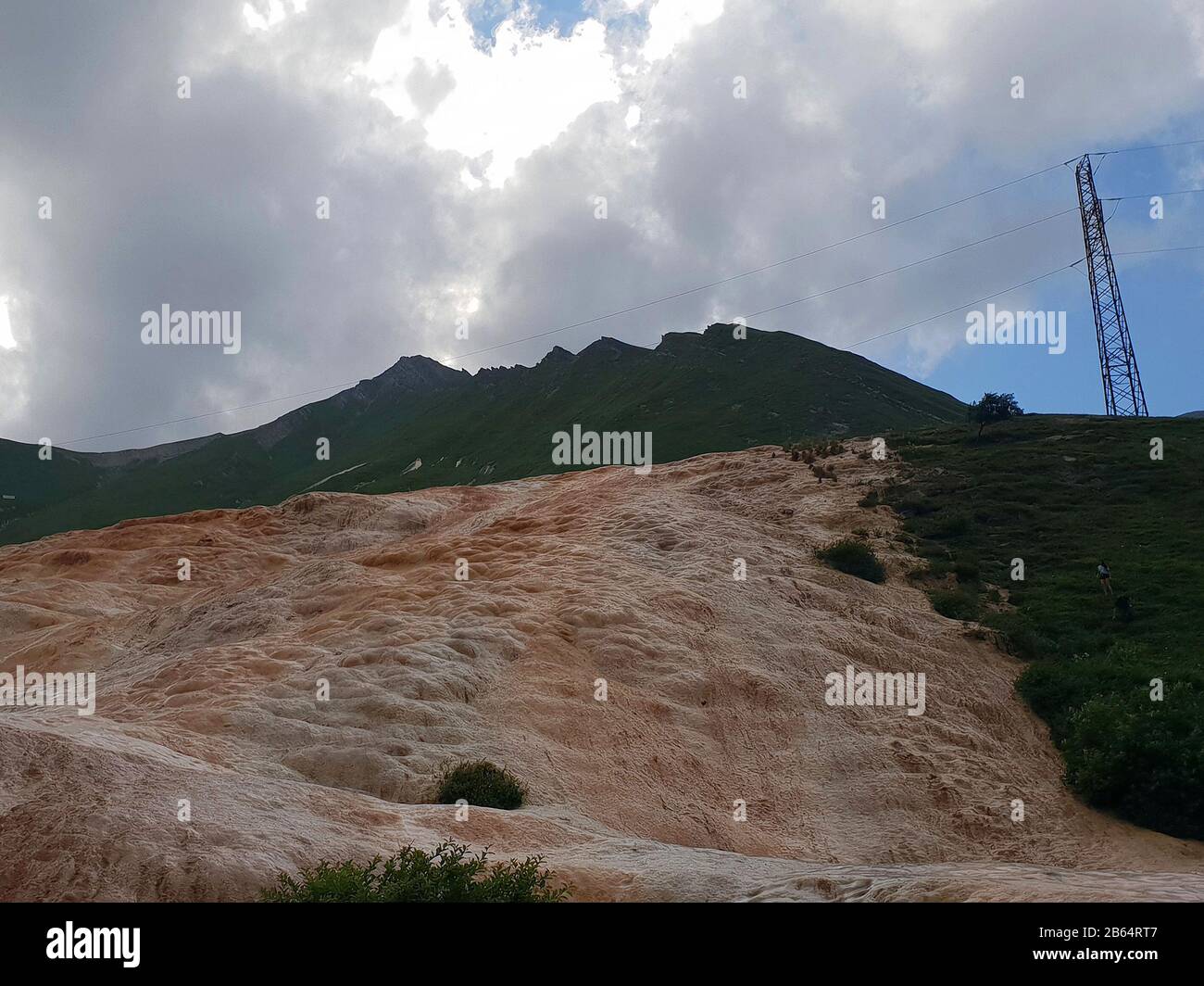 Mineral water stream covered the slope with travertine deposits, Cross ...