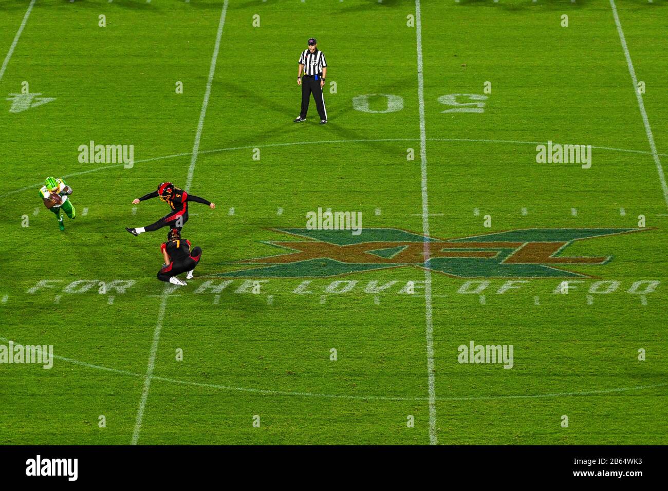General overall view of the mid-field XFL logo as LA Wildcats kicker ...