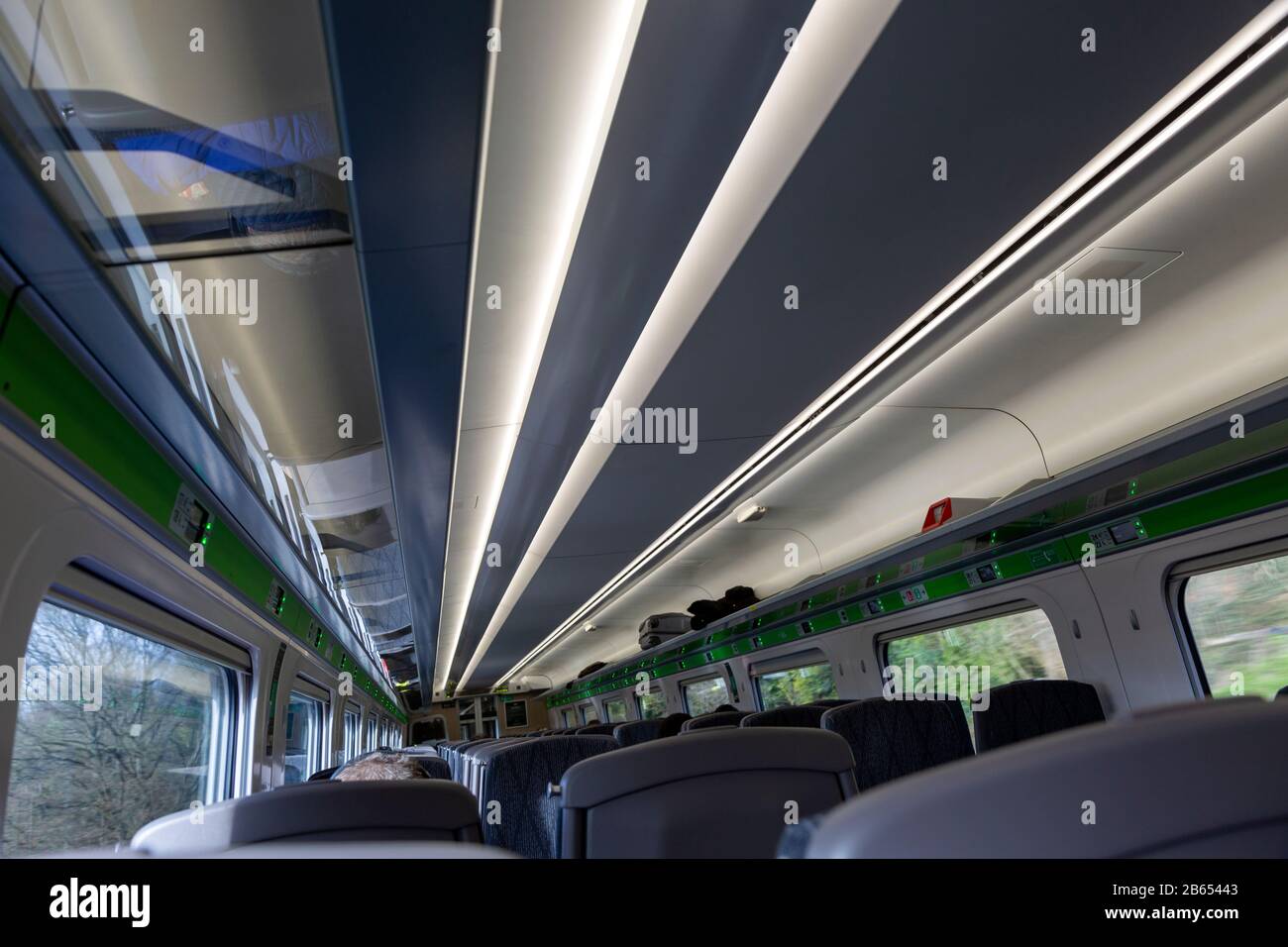 Pattern formed by stripes of ceiling lighting inside GWR InterCity ...