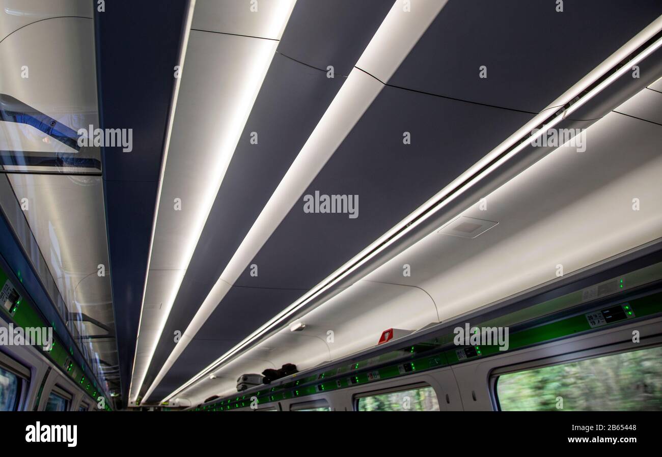 Pattern formed by stripes of ceiling lighting inside GWR InterCity ...