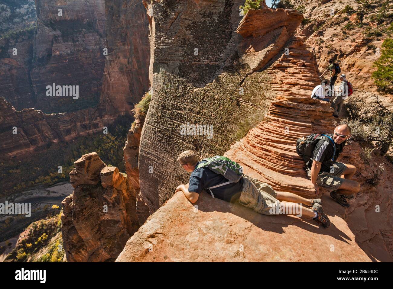 Hikers at Angels Landing Trail, final ascent near Scout Lookout, Zion ...