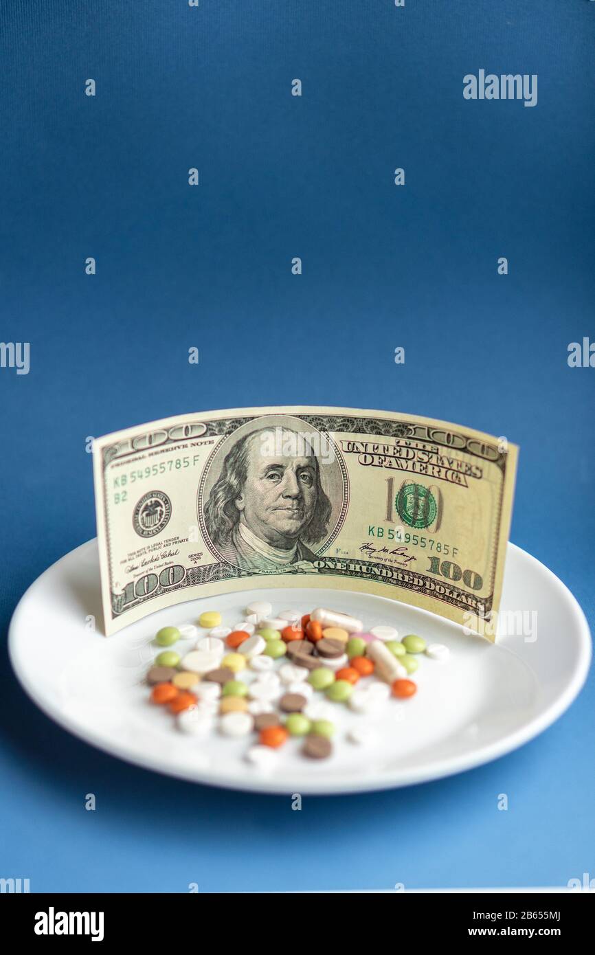 Medicines costs money. Drugs and dollars.White plate with multi-colored ...