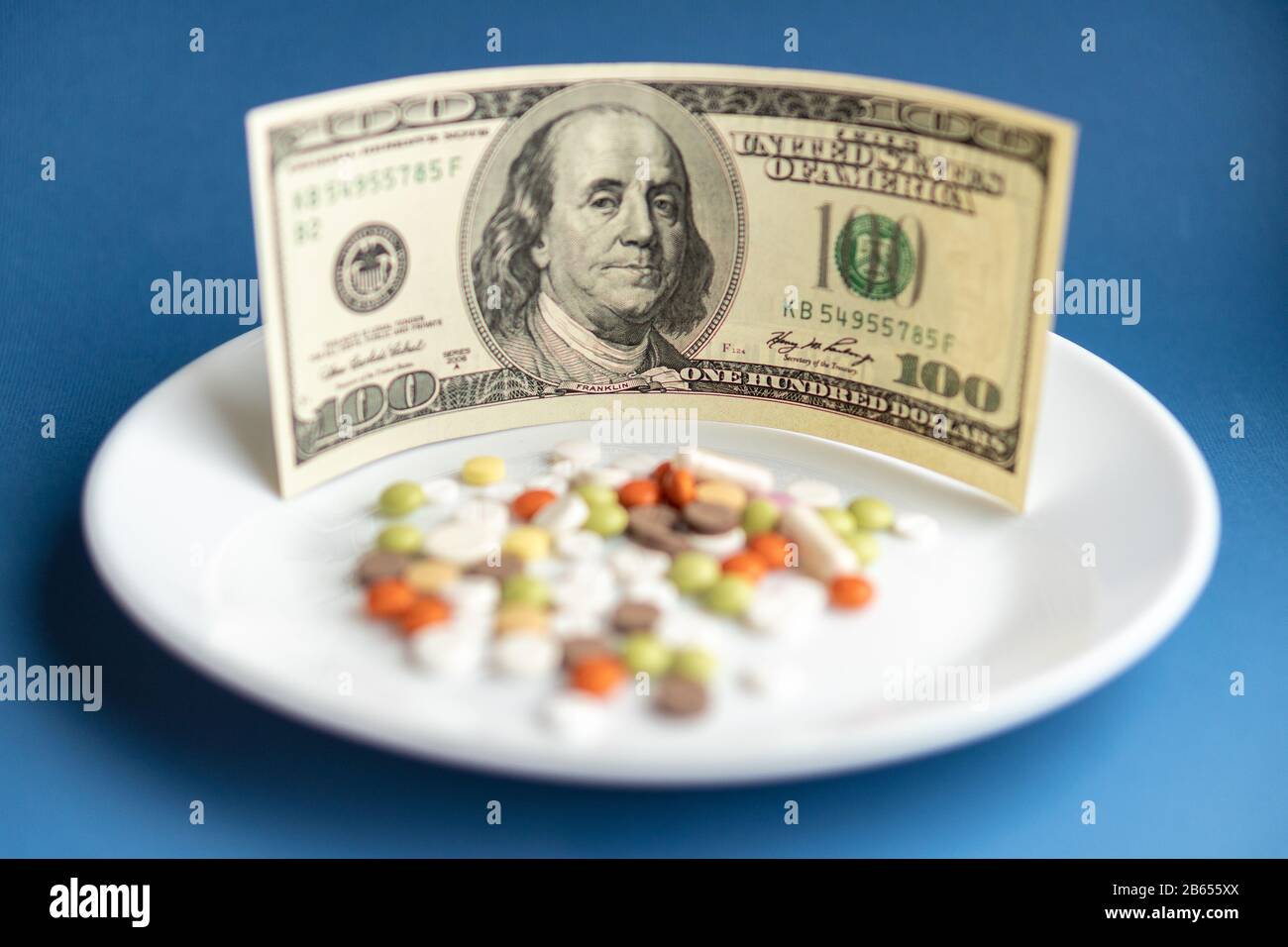 Medicines costs money. Drugs and dollars.White plate with multi-colored ...