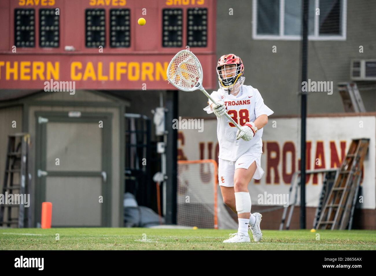 Southern California Women of Troy goalie Riley Hertford (38) passes the ...
