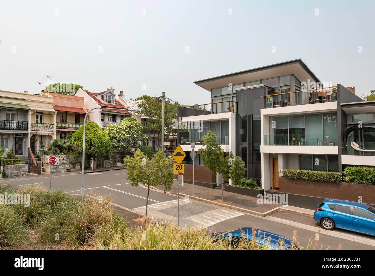 Modern low rise apartments in Glebe, Sydney, Australia, contrast with ...
